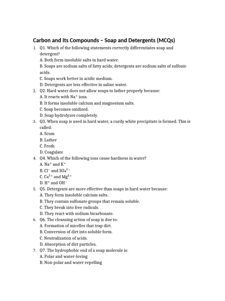 Soap and Detergents Assignment Class10 MCQs | PDF | Detergent | Salt (Chemistry)