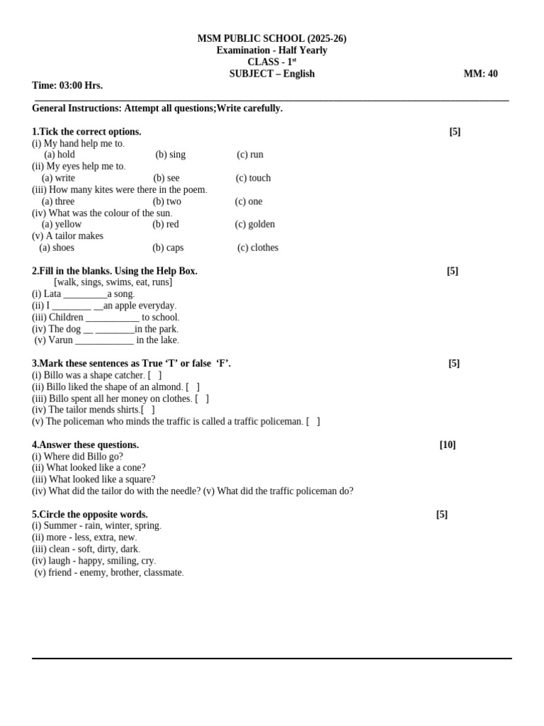 Class 1 English Half Yearly Exam 2025-26 | PDF