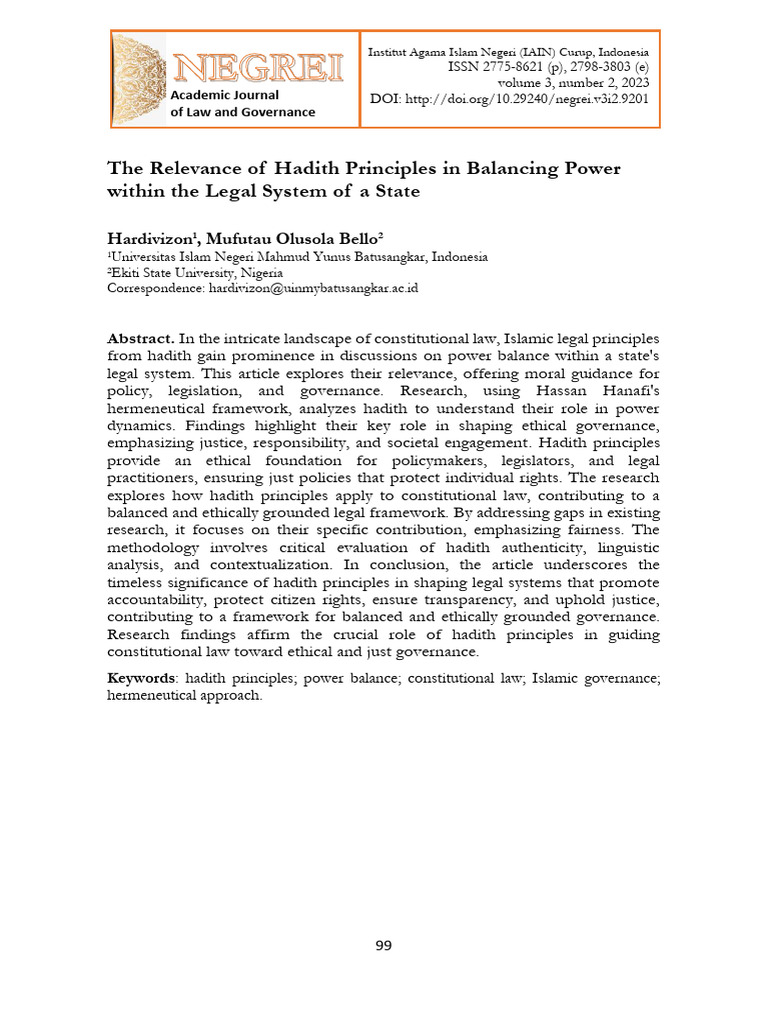 The Relevance of Hadith Principles in Balancing Power Within The Legal ...