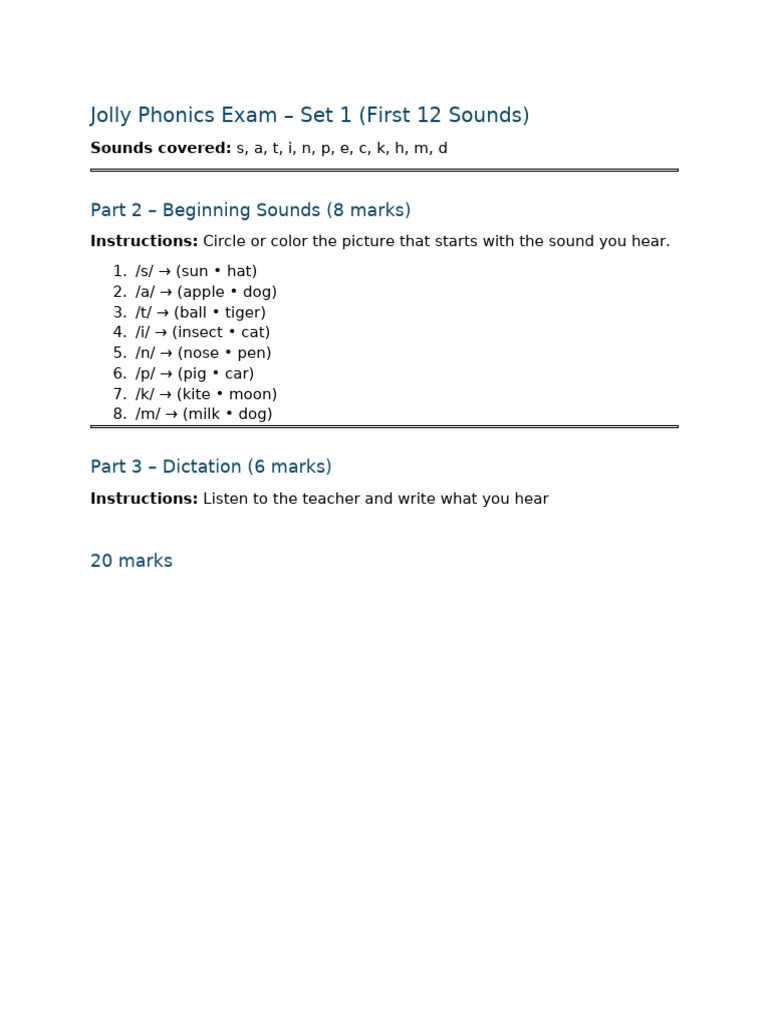 Jolly Phonics Exam Set 1: Sounds 1-12 | PDF