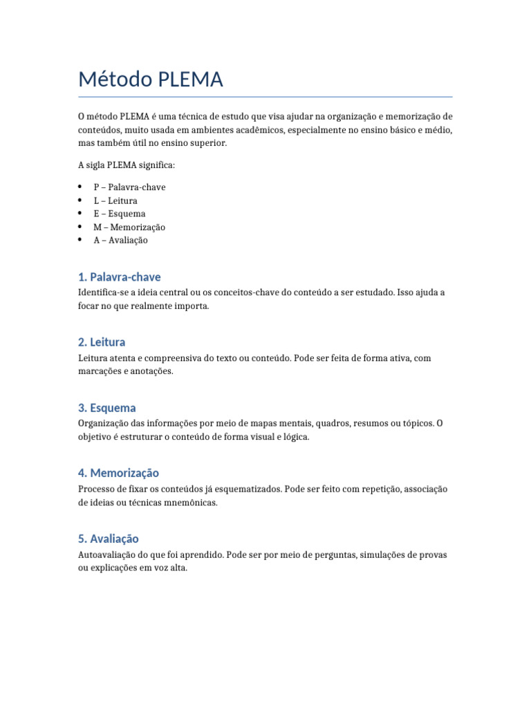 Método PLEMA: Técnica de Estudo Eficaz | PDF
