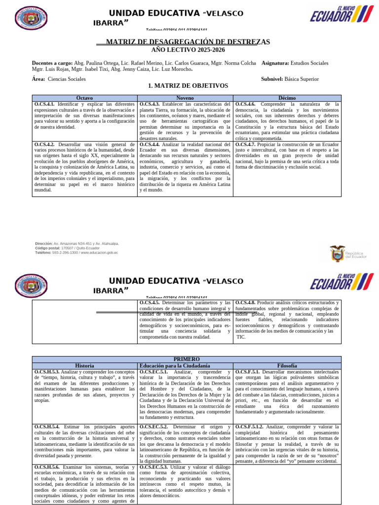Matriz de Destrezas 2025-2026 Educación | PDF | Imperio Inca | America ...
