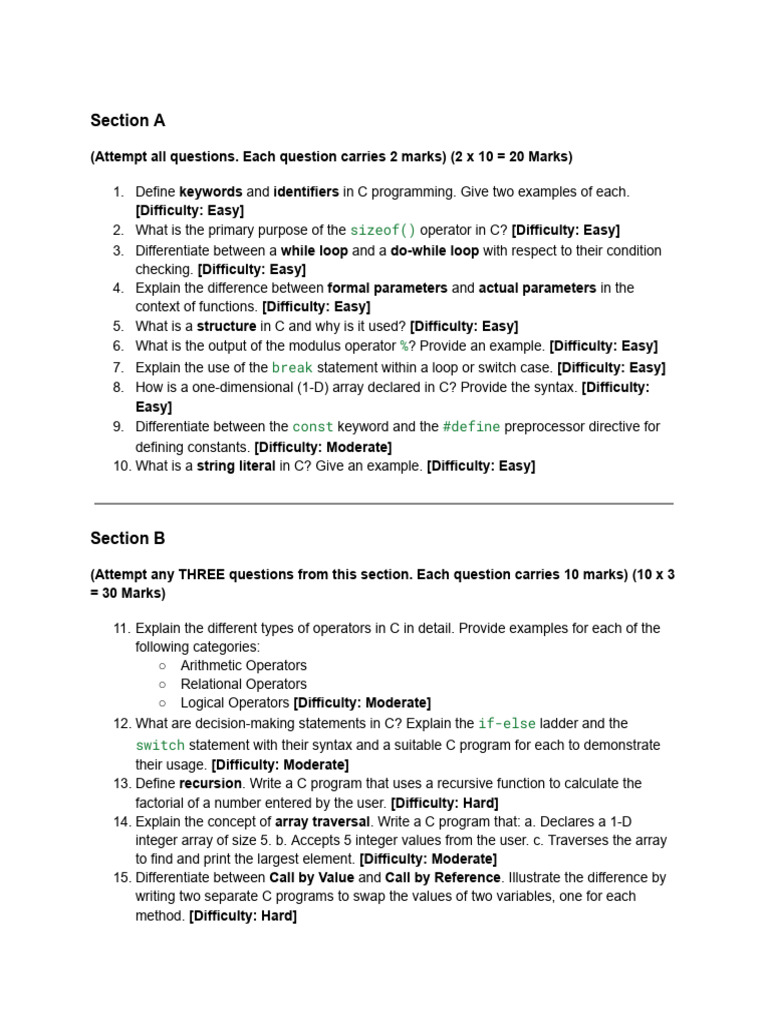 C Programming Sample Paper 1 | PDF | Parameter (Computer Programming ...