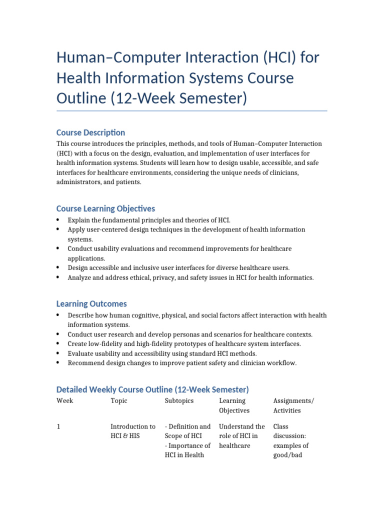 HCI For Health Information Systems Course Outline | PDF | Human–Computer Interaction | Usability