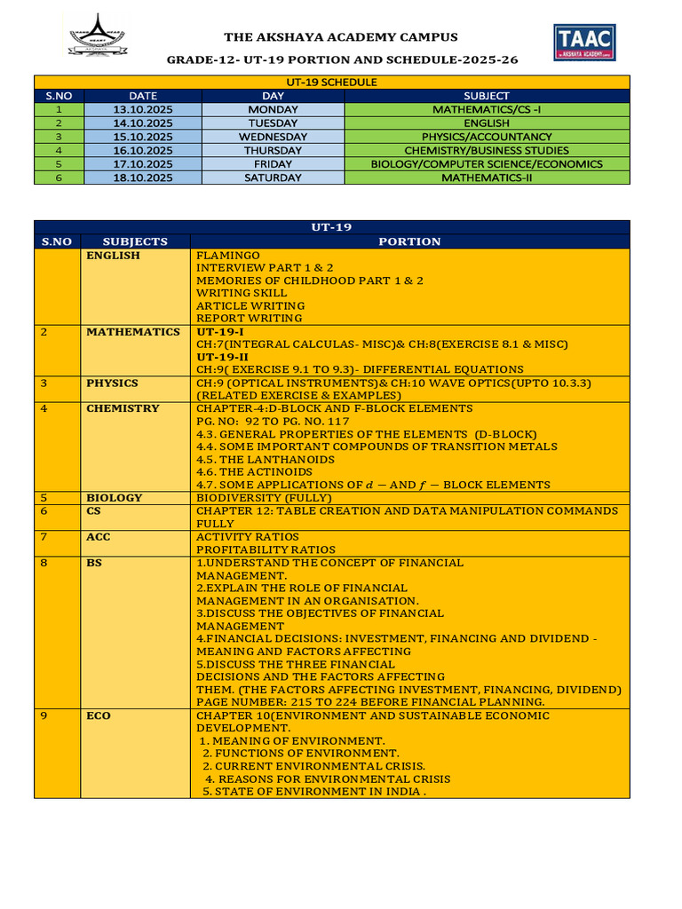 Grade 12 UT-19 Schedule & Portions 2025-26 | PDF