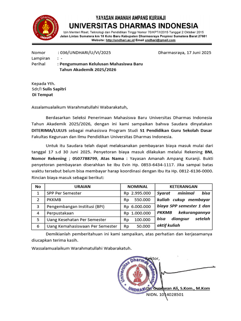 Surat Kelulusan s1 PGSD Sulis Sapitri | PDF