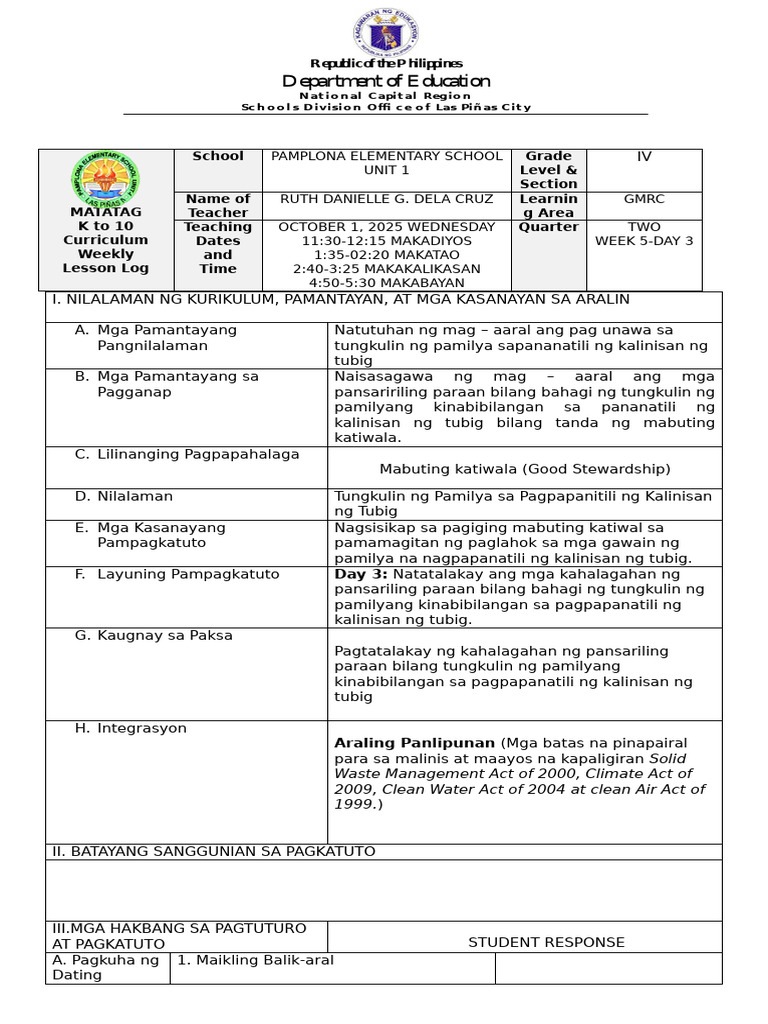 Department of Education: School Grade Level & Section Name of Teacher ...