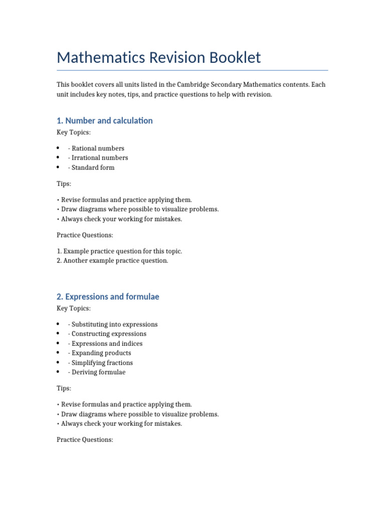 Mathematics Revision Booklet | PDF | Multiplication | Area
