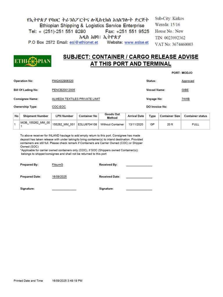Container & Cargo Release (Mergedo) - Fmqx02906320 | PDF