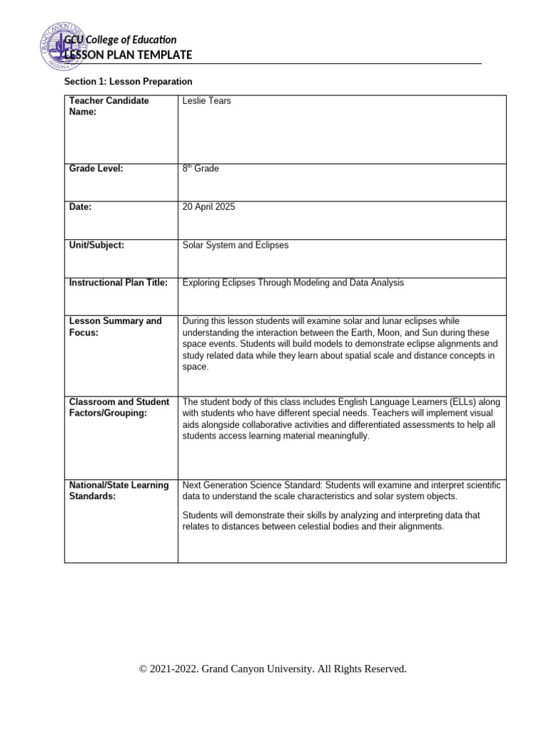 8th Grade Eclipse Lesson Plan Template | PDF | Eclipse | Moon