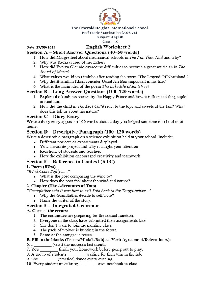 English Revision Worksheet 2 | PDF