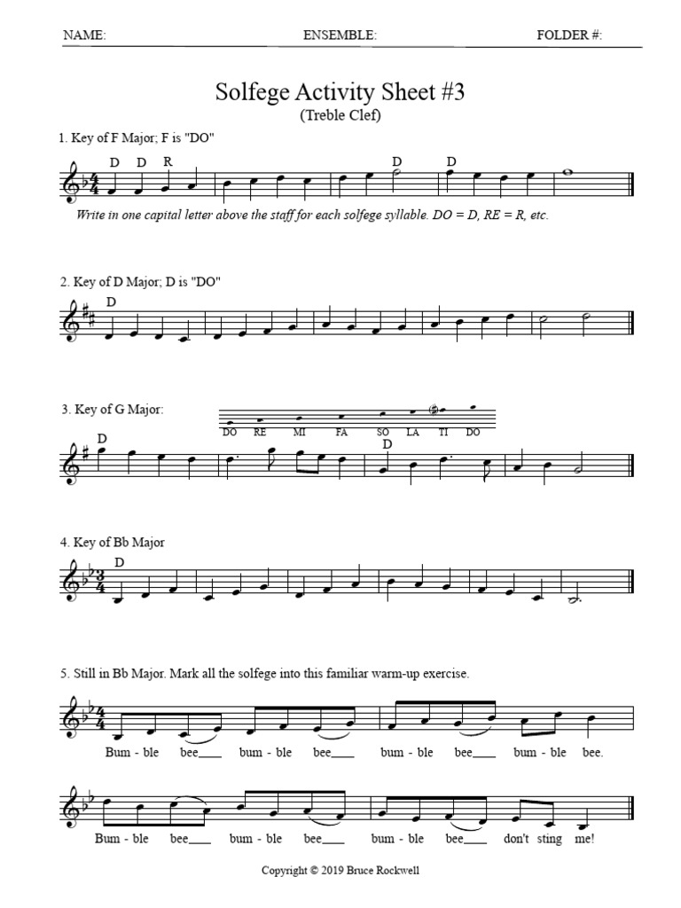 Solfege Worksheet #3 - Treble - Bass Clef | PDF | Musical Notation | Musical Compositions