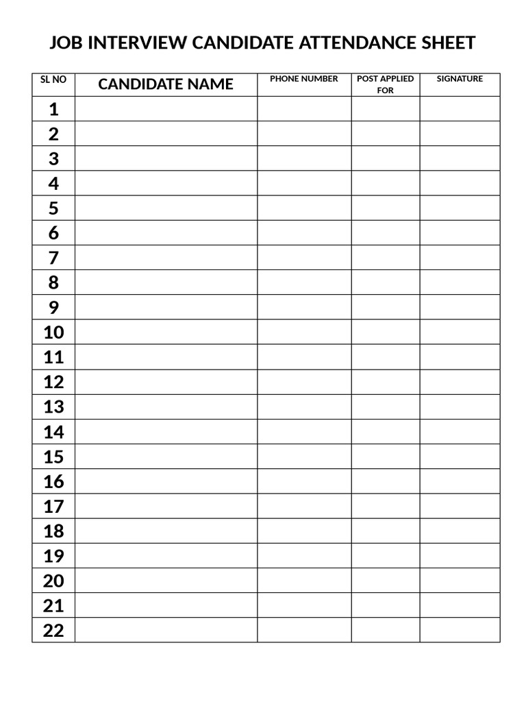 Job Interview Candidate Attendance Sheet | PDF