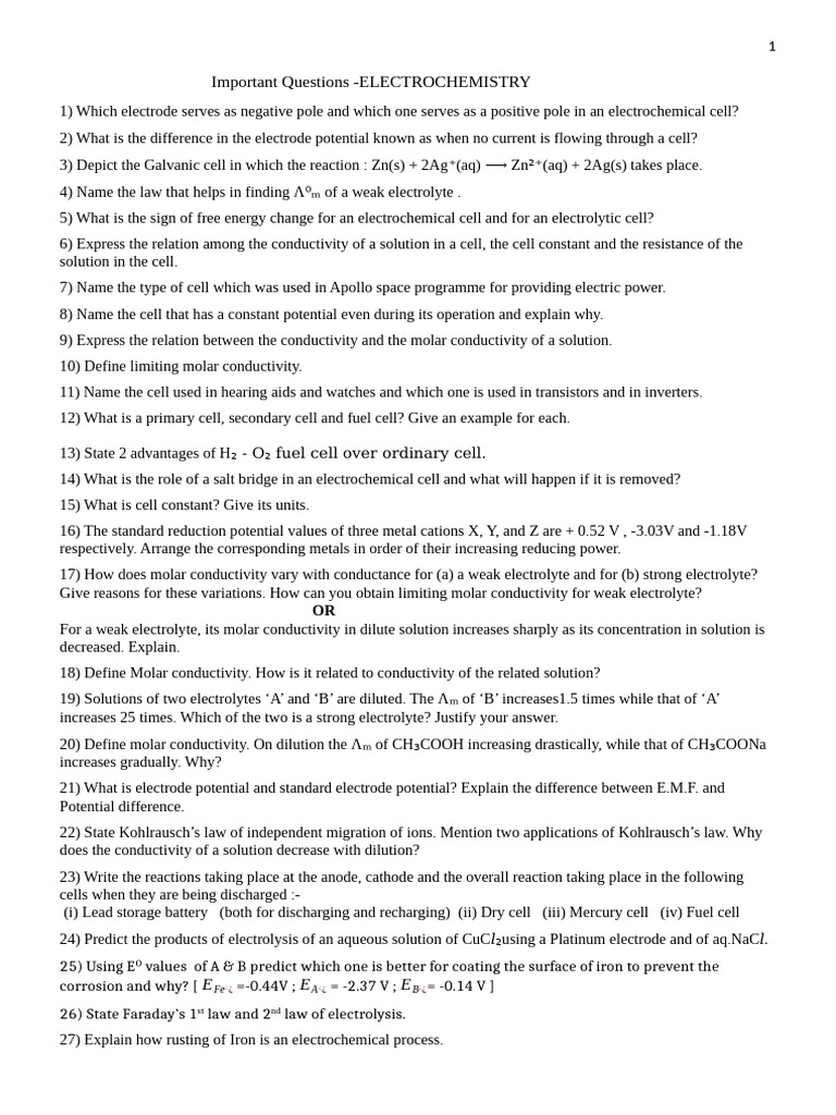 Important Questions in Electrochemistry | PDF | Electrochemistry ...