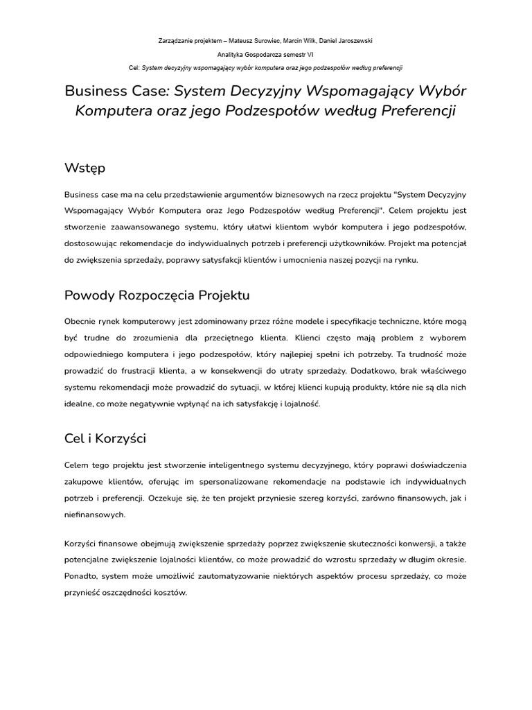 Business Case - Jaroszewski, Wilk, Surowiec | PDF