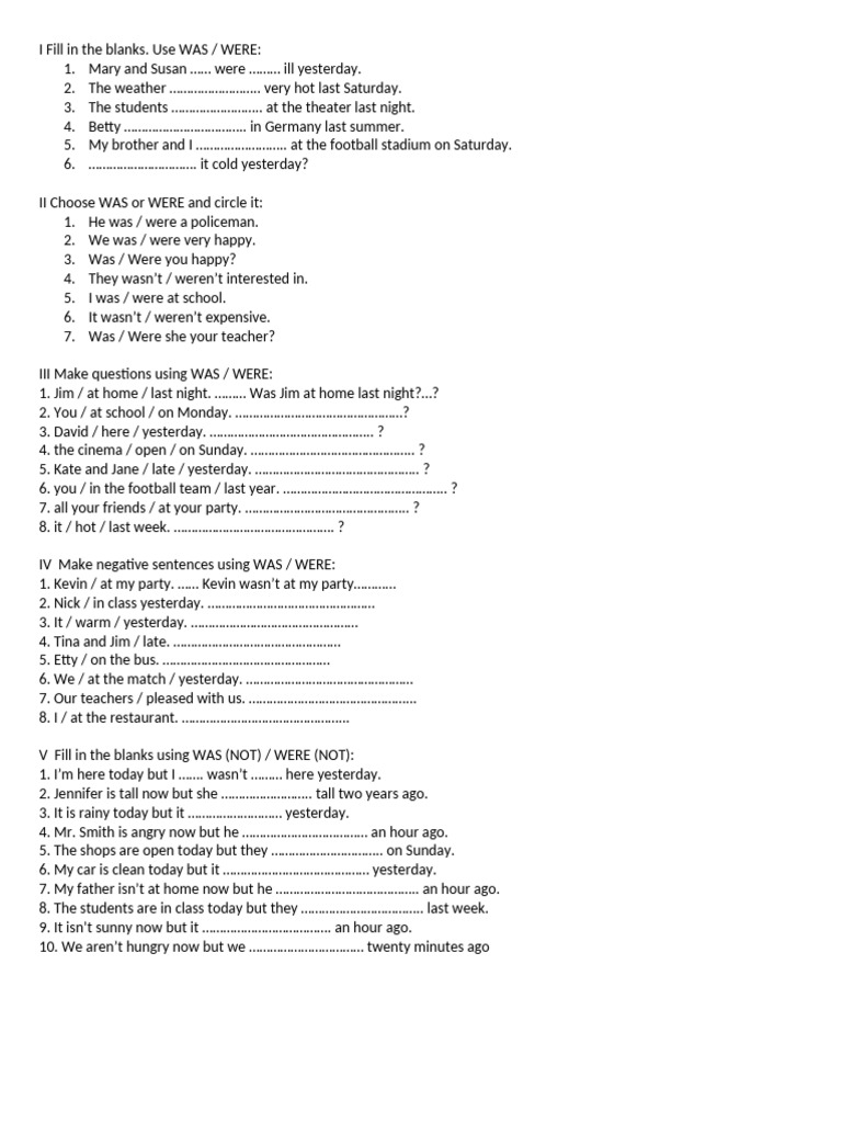 Mastering WAS/WERE: Fill-in-the-Blank Exercises | PDF