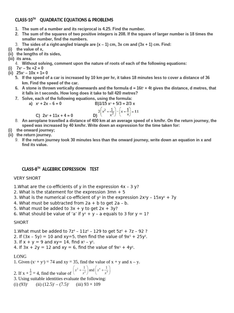 Class-10th Quadratic Equations & Problems | PDF