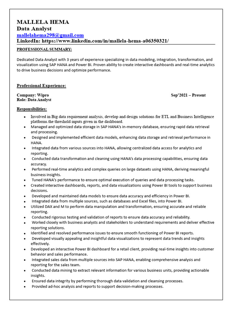 Data Analyst Hema Mallela PDF | PDF | Business Intelligence | Data Analysis