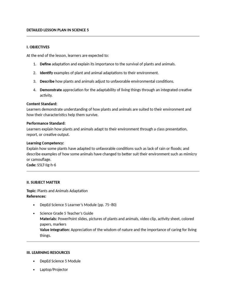 Detailed Lesson Plan in Science 5 | PDF | Learning | Lesson Plan