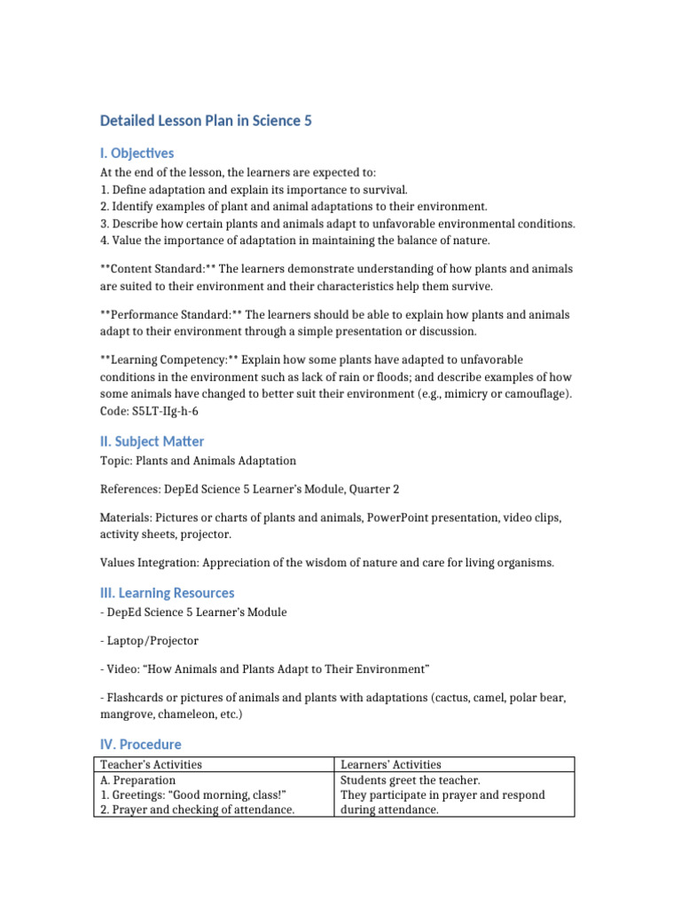 DLP Science5 Plants and Animals Adaptation | PDF | Learning | Adaptation