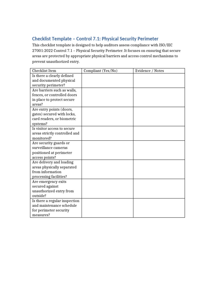 Checklist Template Control 7 1 Physical Security Perimeter | PDF