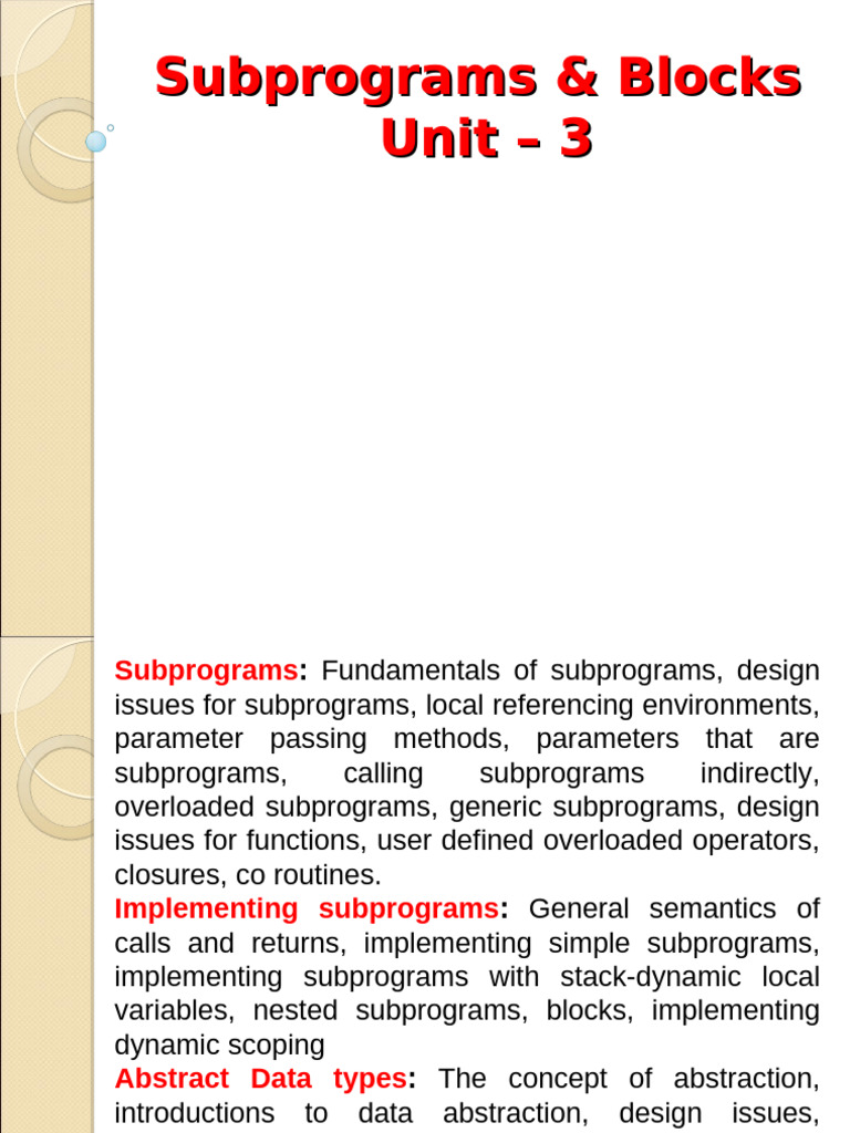 Subprograms Blocks UnitIII01122024 | PDF | Variable (Computer Science) | Parameter (Computer ...