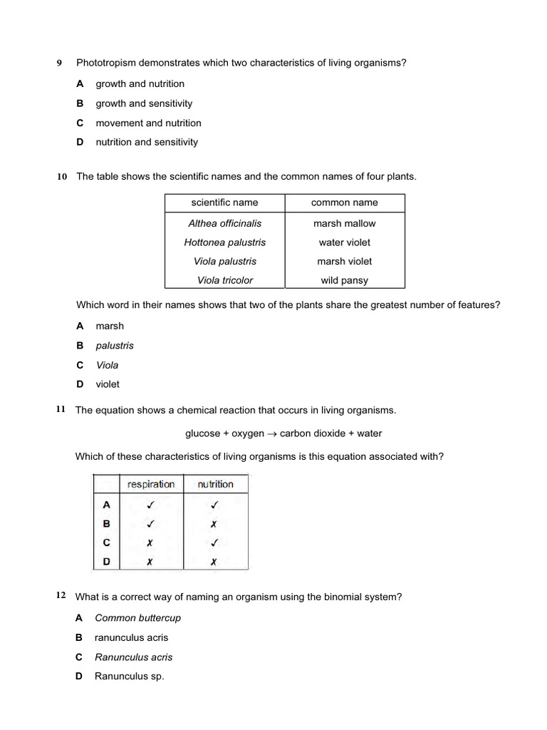 Characteristics & Classification of Living Organisms (Multiple Choice ...