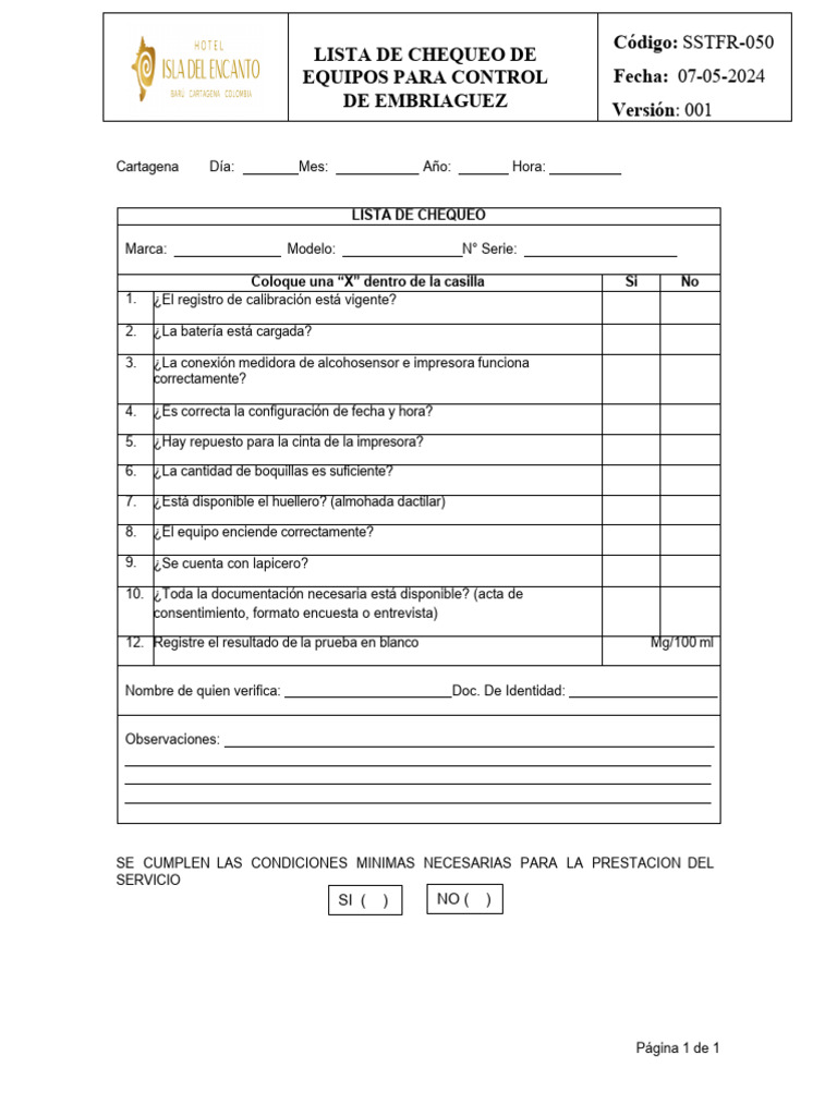 Sstfr-050 Lista de Chequeo de Equipos para Control de Embriaguez | PDF
