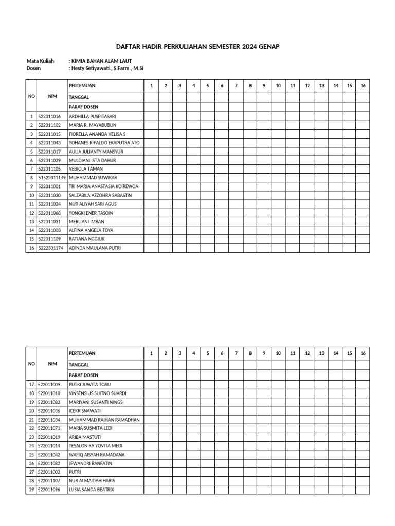 Format Absen Ang 22 | PDF