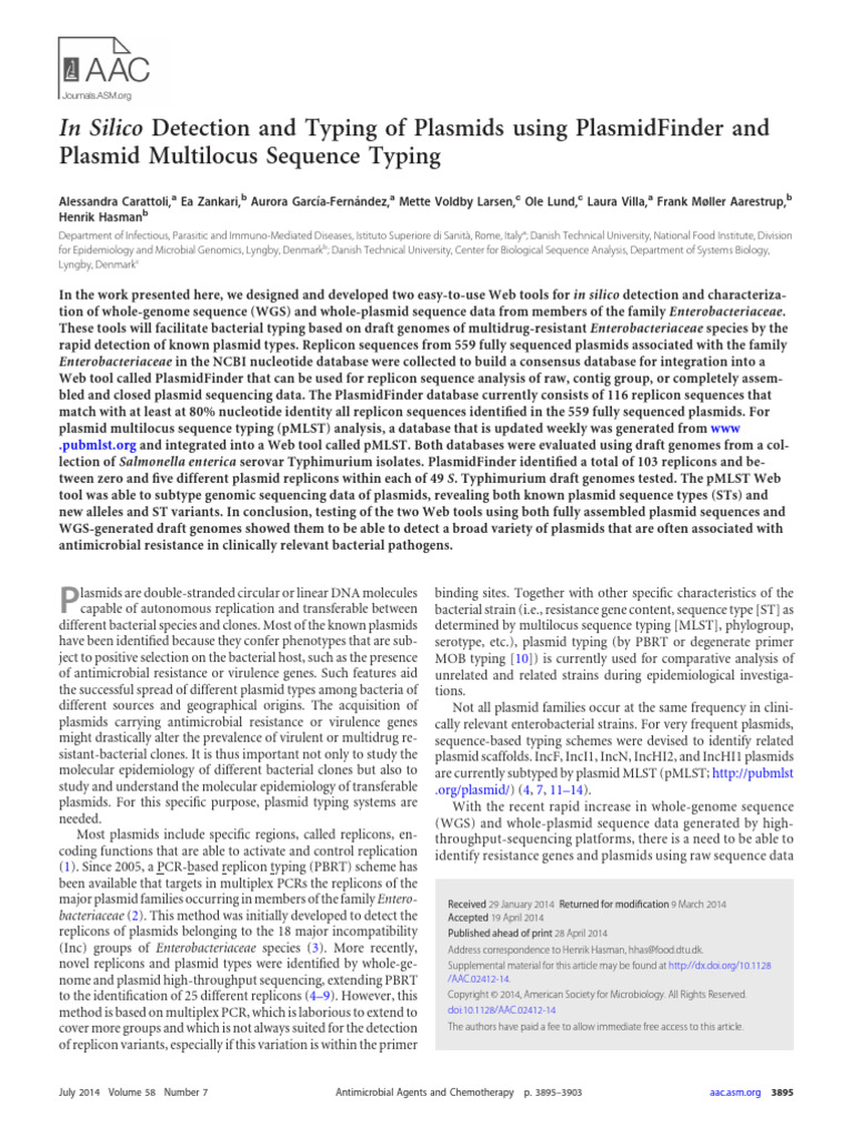【质粒探测】in Silico Detection and Typing of Plasmids Using PlasmidFinder ...