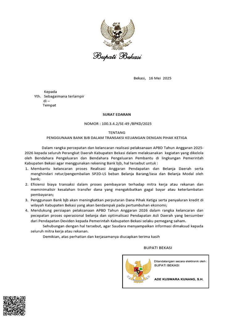 Surat Edaran Penggunaan Bank BJB 2025 | PDF