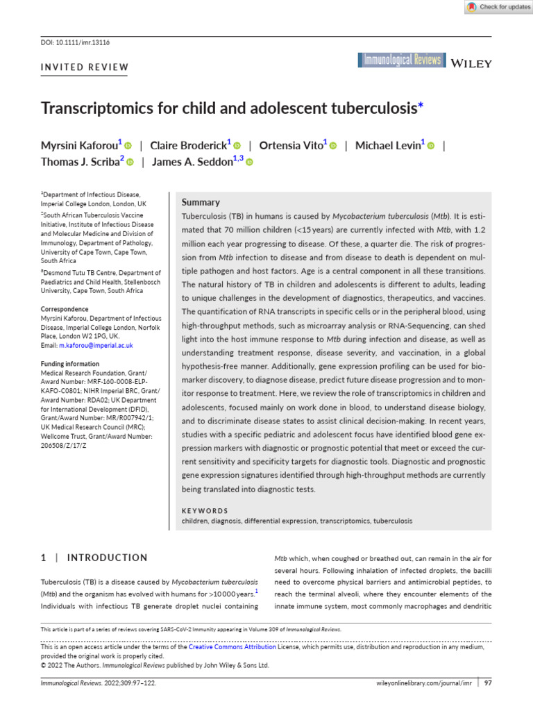 Transcriptomics For Child and Adolescent Tuberculosis | PDF | Tuberculosis | Gene Expression