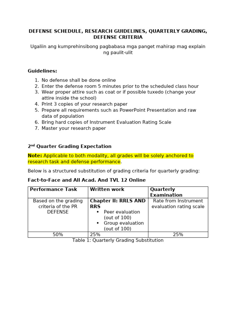Research Guidelines Quarterly Grading Defense Criteria | PDF ...