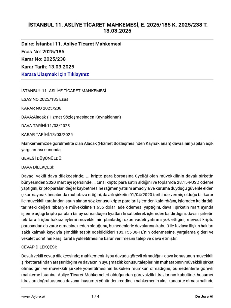 De Jure AI - İstanbul 11 - Asliye Ticaret Mahkemesi, E - 2025 - 185 K ...