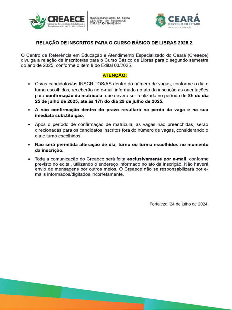 Inscritos Curso Básico de Libras 2025.2 | PDF | Aprendizado