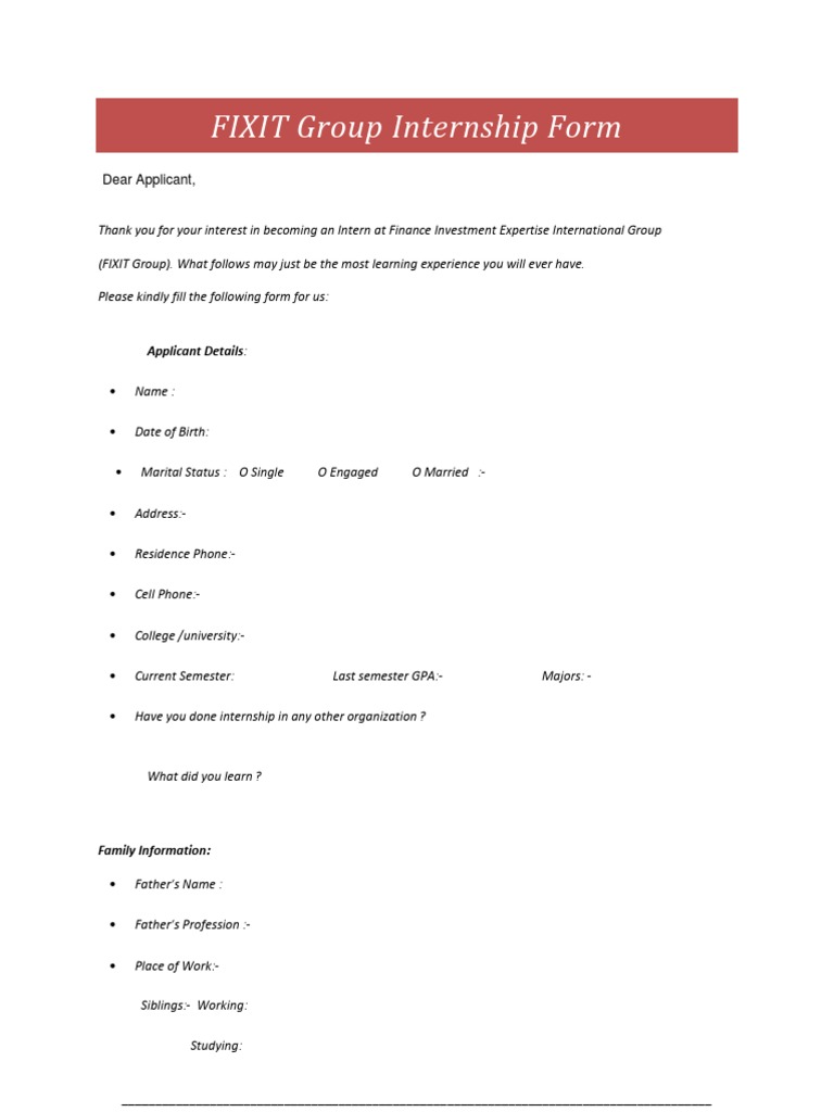 FIXIT Group Internship Application Form | PDF | Business | Finance ...