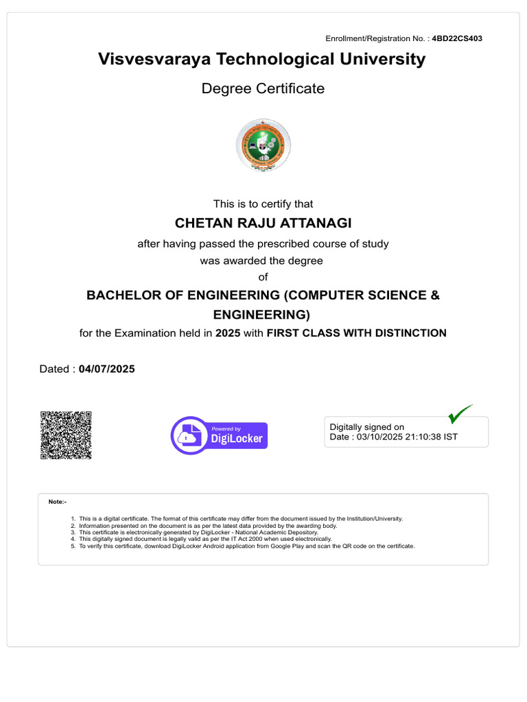 B.E. Computer Science Degree Certificate | PDF