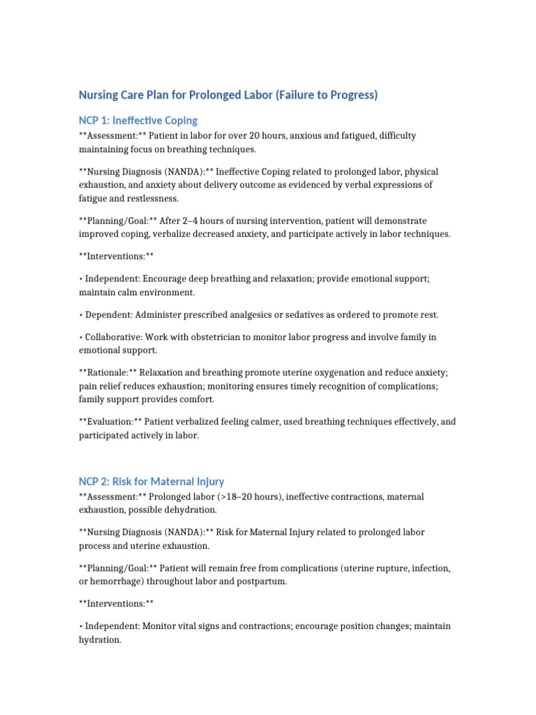 Nursing Care Plan for Prolonged Labor | PDF | Childbirth | Nursing