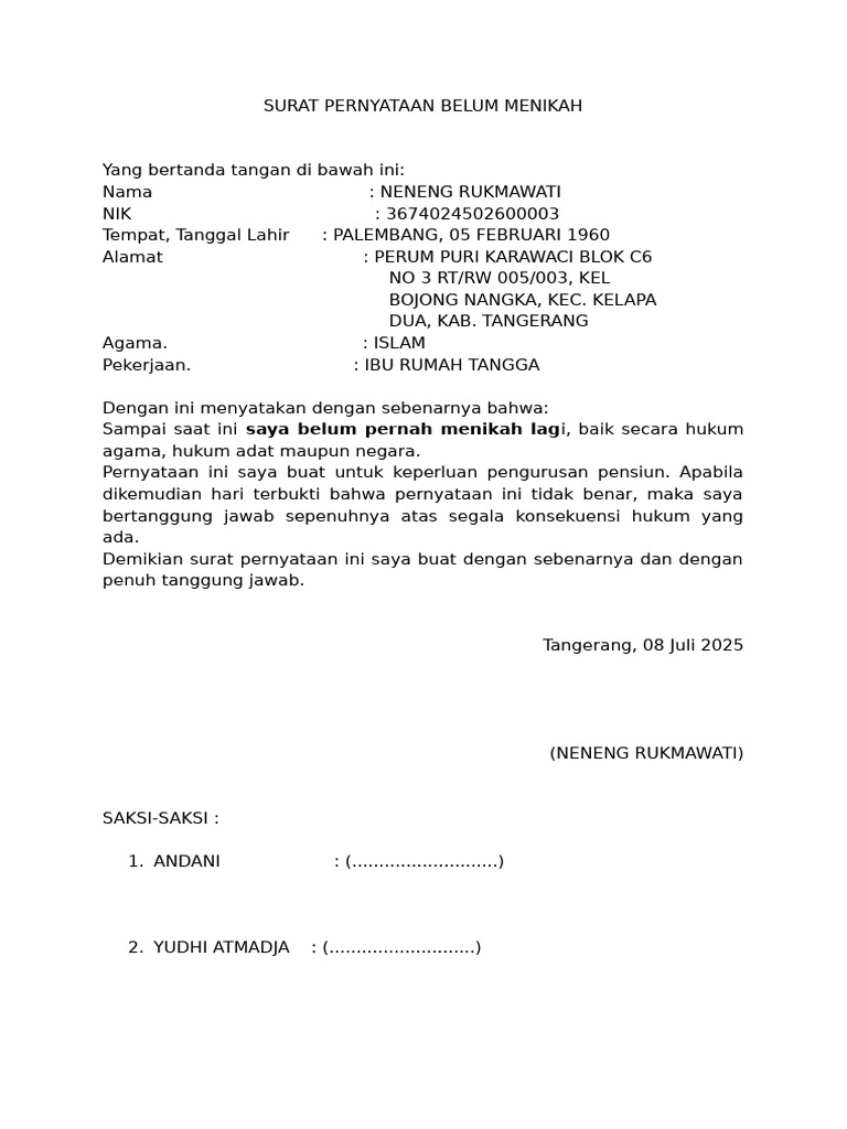 Surat Pernyataan BLM Menikah Mamah | PDF