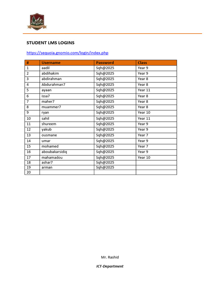 Student LMS Login Credentials List | PDF