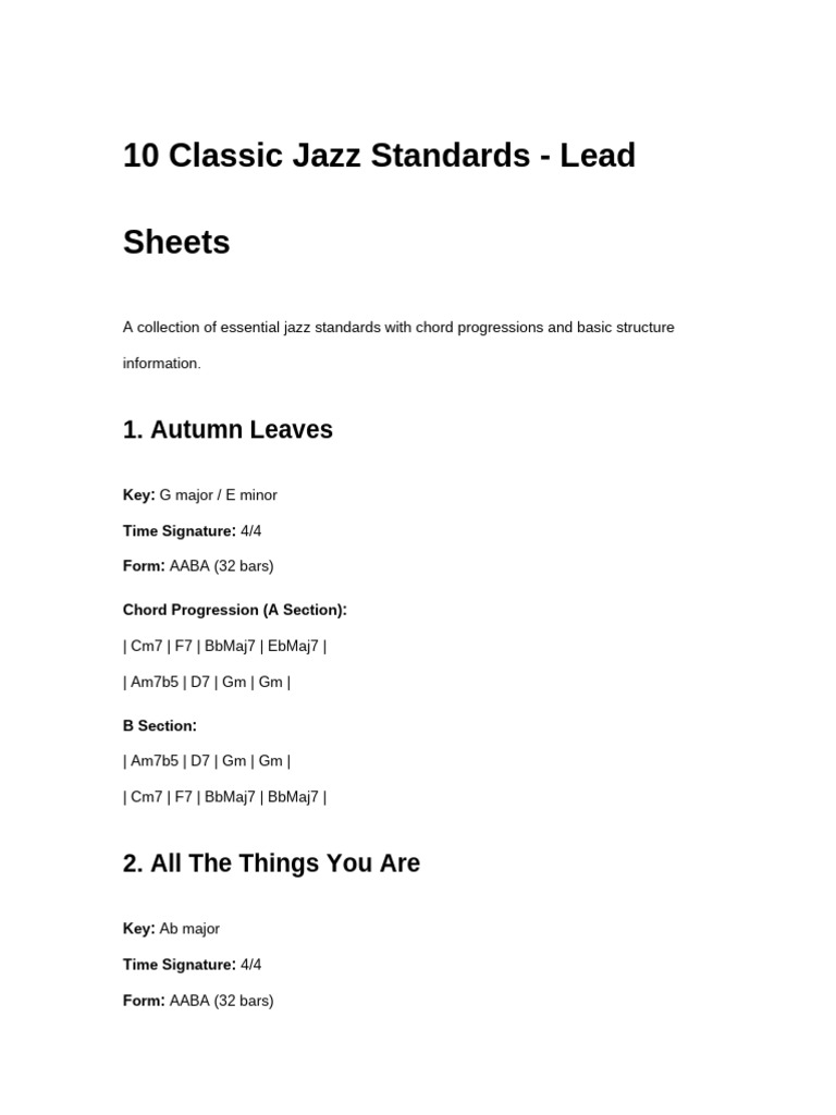 Classic Jazz Standards Lead Sheets | PDF | Lead Sheet | Elements Of Music