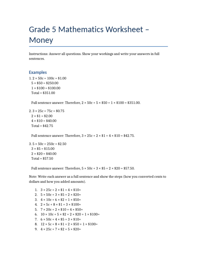 Grade 5 Money Math Worksheet | PDF