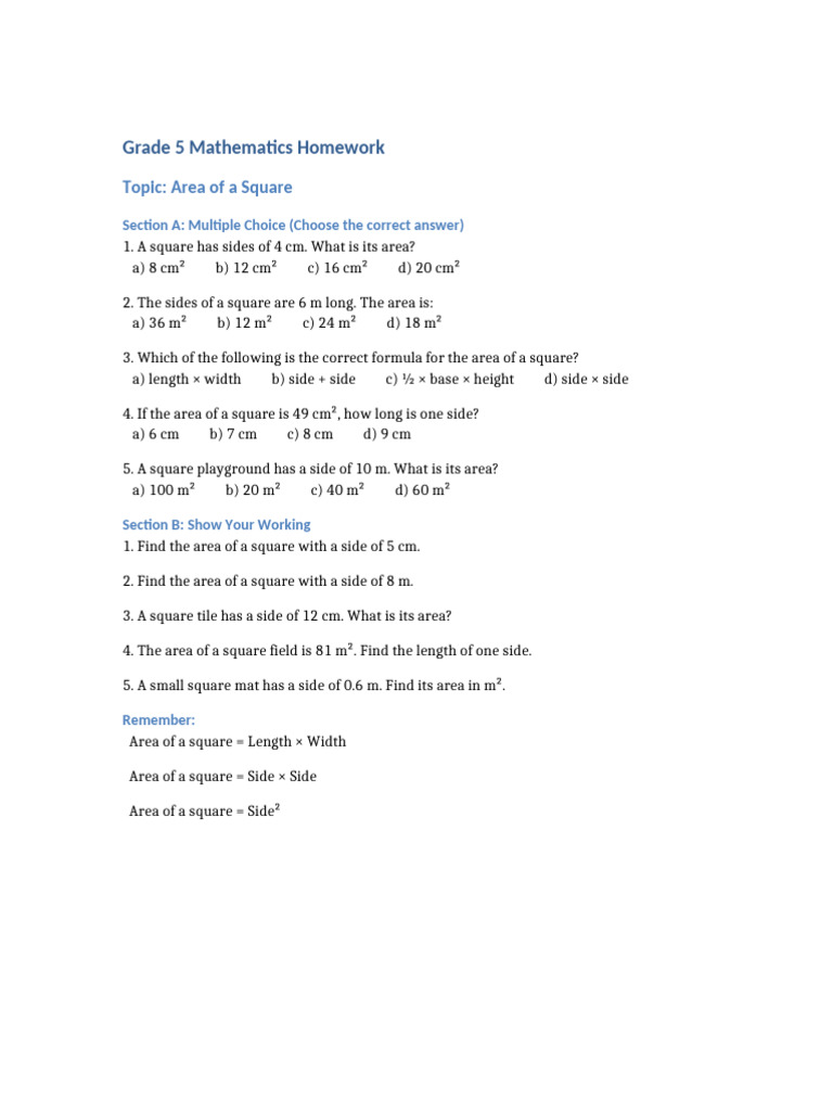 Grade 5 Area of a Square Homework | PDF