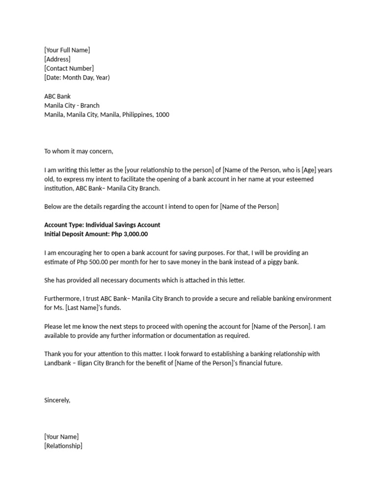 Letter of Intent for Bank Account Opening | PDF