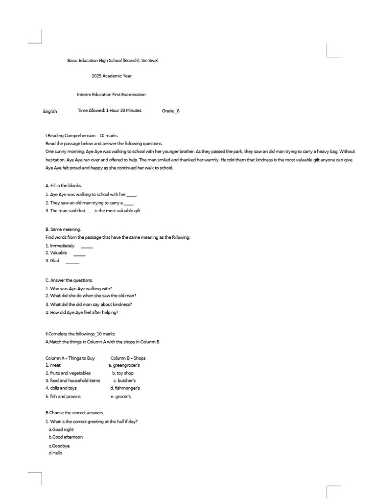 Grade 6 English Exam Test | PDF
