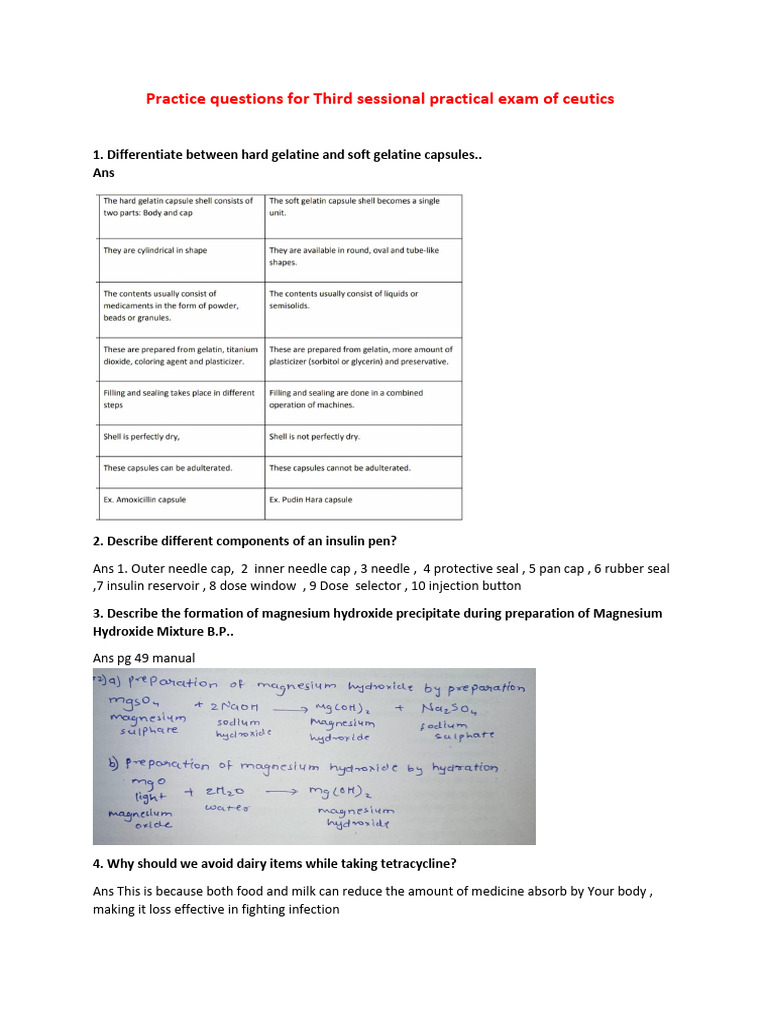 Practice Questions For Third Sessional Practical Exam of Ceutics | PDF ...