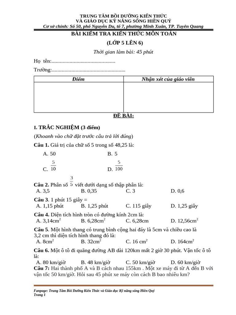 Test 5 Lên 6 | PDF