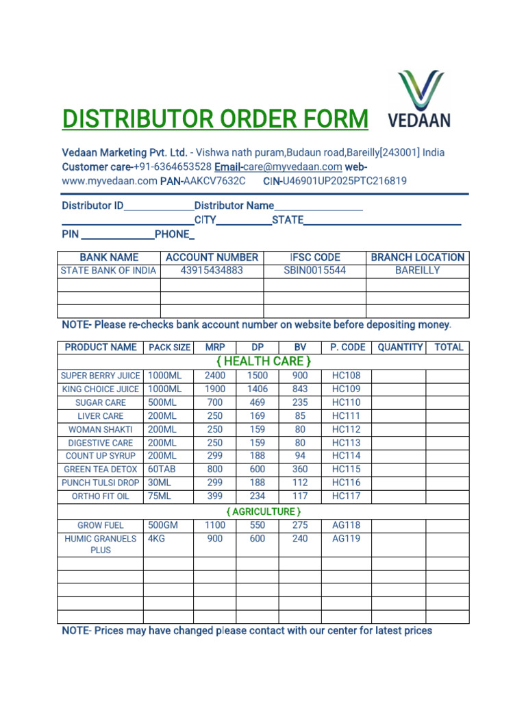 Vedaan New Rate Order Form | PDF