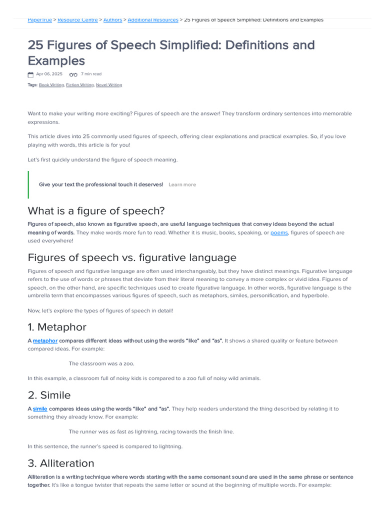 25 Figures of Speech Simplified - Definitions and Examples - PaperTrue ...