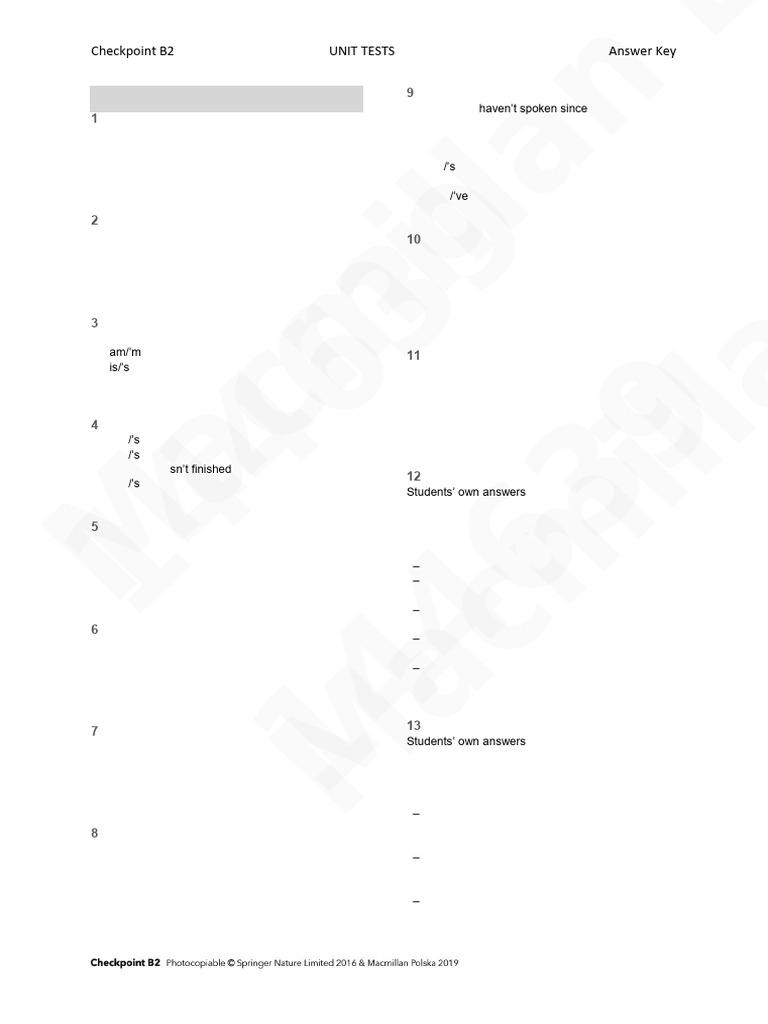 Checkpoint B2 Unit Tests Answer Key | PDF